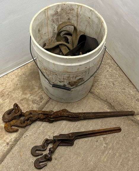 Bucket of old lift slings and (2) chain binders - Albrecht Auction Service
