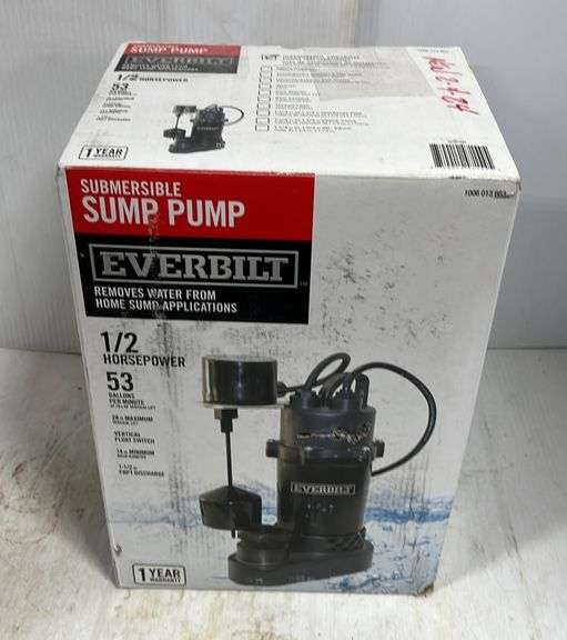 Everbilt submersible sump pump, 1/2 HP, aluminum non-rusting pump moves up to 53-gallons per ...