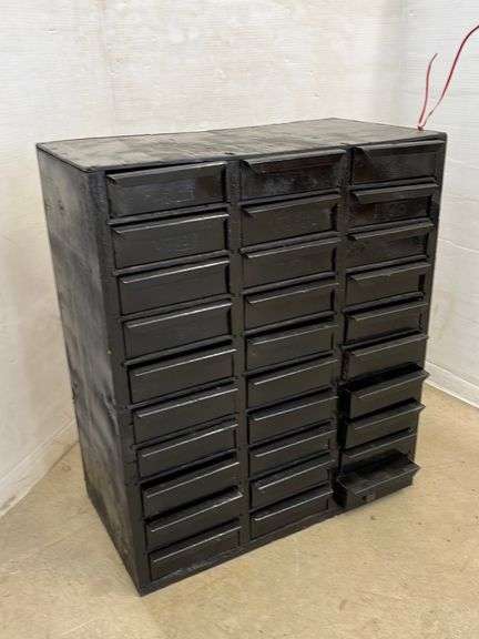 30-Drawer cabinet with steel drawers, cabinet is wooden, 28"W x 12"D x ...
