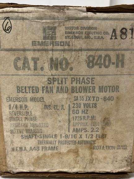 Emerson split phase belted fan and blower motor, CAT No. 840-H, NIB ...