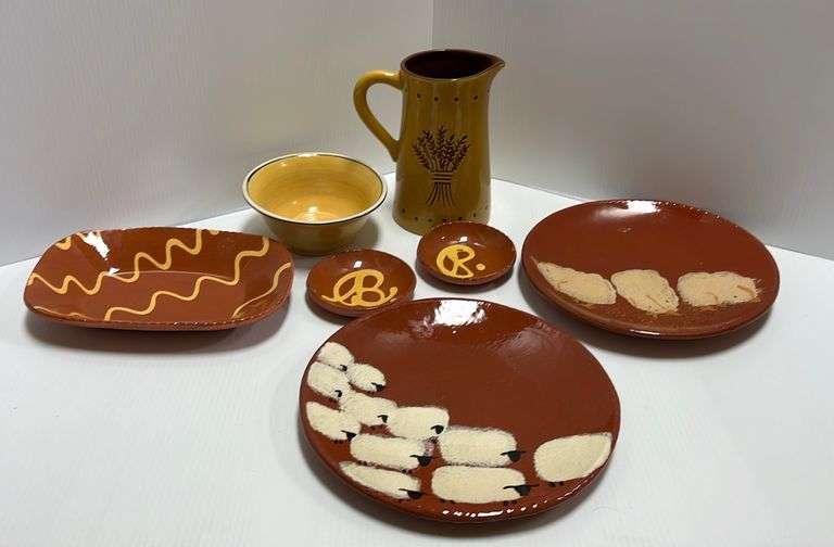 Redware pottery dishes, include: (2) Plates: 1- With chicks, and 1 ...
