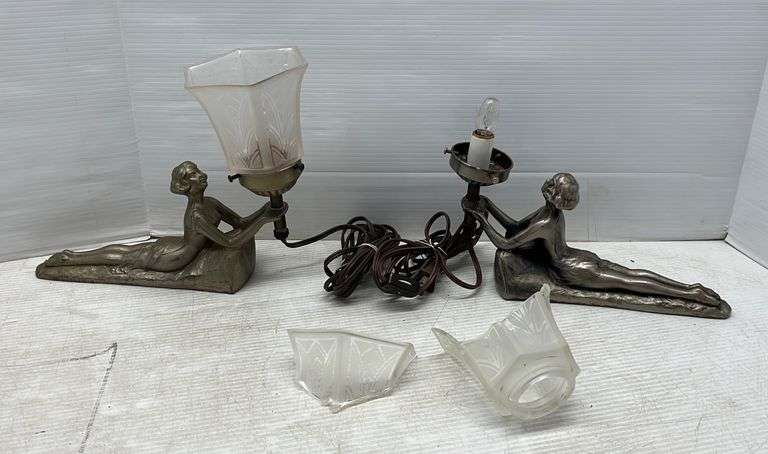 Pair of vintage chandler art deco nouveau laying lady nymph figural ...