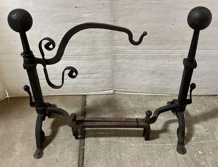 Antique 1880s wrought iron fireplace andirons pale,large with pot-arm ...