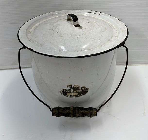 Older Fletcher chamber pot porcelain enamel, white with black trim, has ...