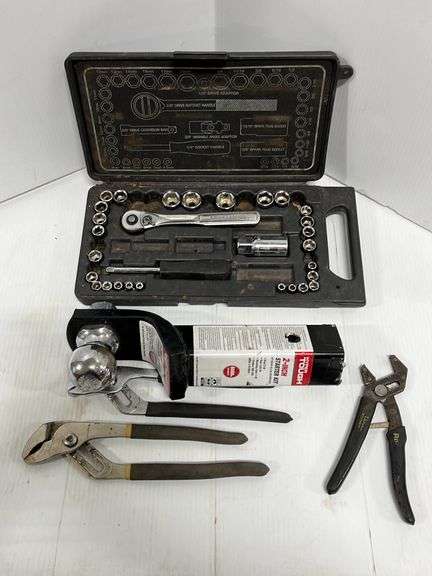 (3) Channel locks pliers, used, good; 2" Hitch receiver with 2" ball ...