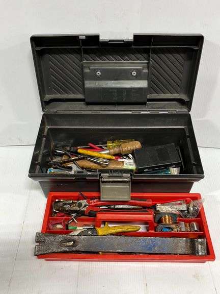 Home starter tool box filled with assorted hand tools, some name brands ...