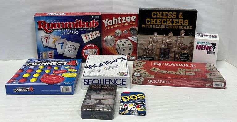 New board games, include: Scrabble, What Do You Meme, Dominos, Sequence ...