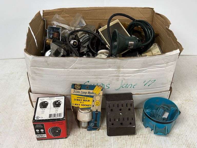 Box with various electrical parts, outlet/light boxes, plugs, switches ...