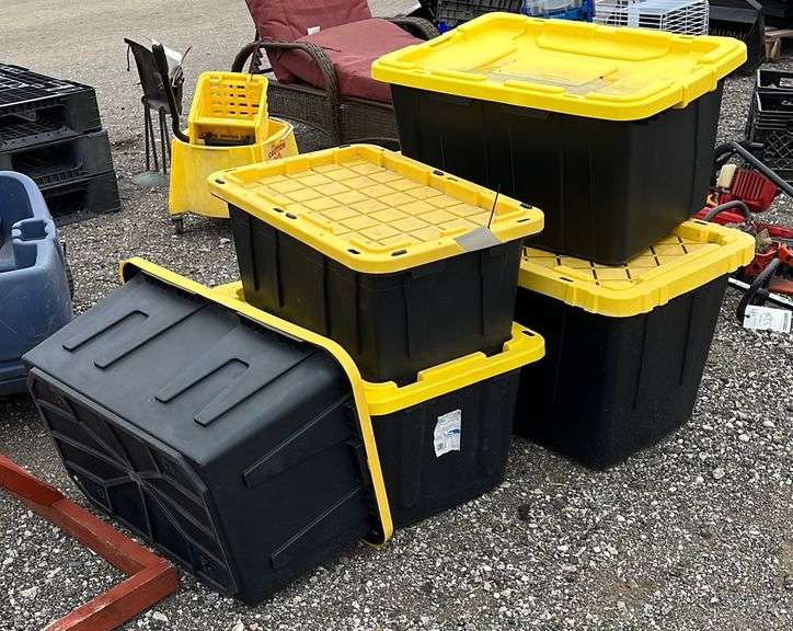 (5) Yellow top totes, include: Three- 27-Gallon, One- 17-Gallon, and ...