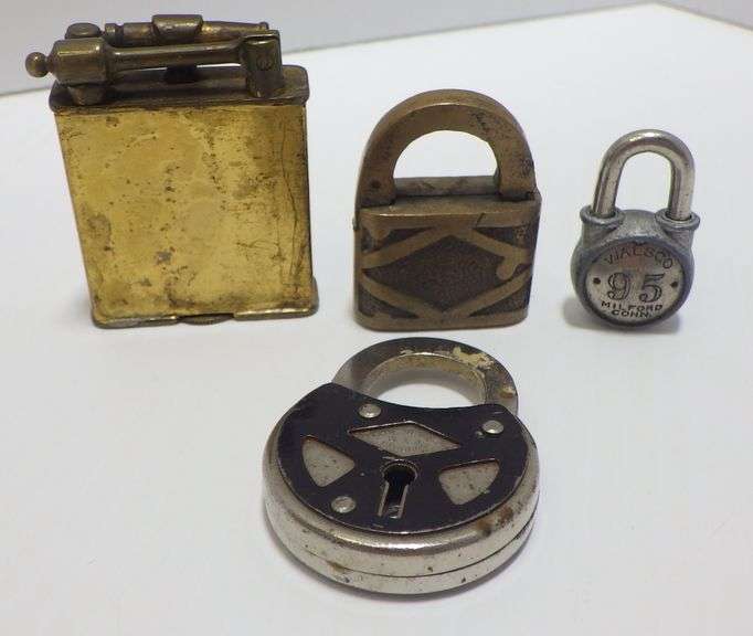 Older 18K plated lighters, and (3) old locks, all up to 2"H - Albrecht ...