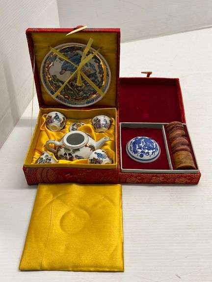 Older miniature Chinese tea set in box, and older Chinese stone carved ...