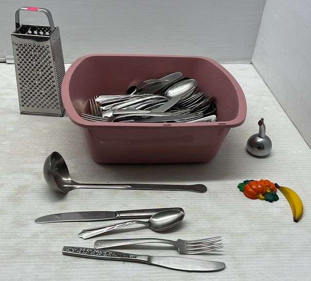 Pink tub with silverware and food grater, tub- 12 3/4"L x 10 1/8"W x 4 ...