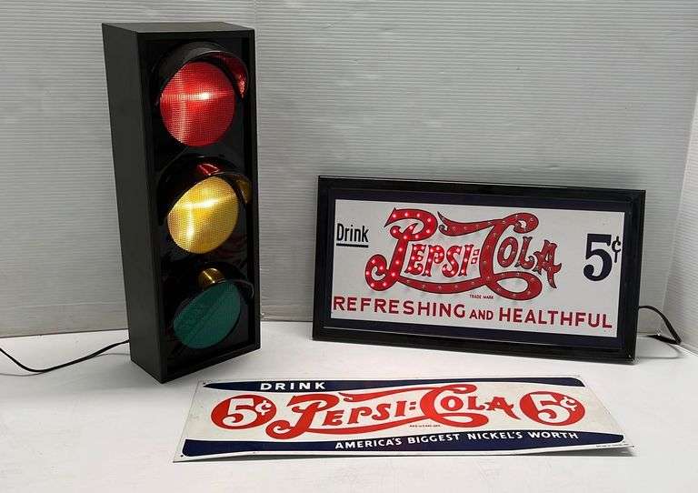 (2) Pepsi signs, and a traffic light, up to 21"L, working - Albrecht ...