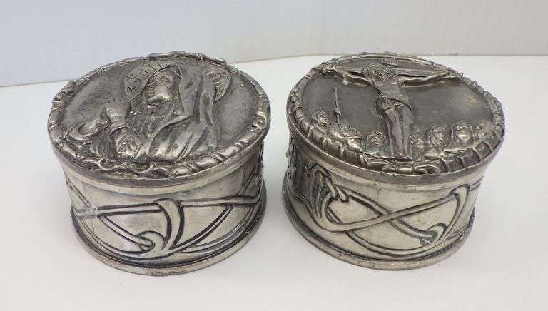 Pair of pewter trinket boxes, unsure of year, heavy pewter with blue ...