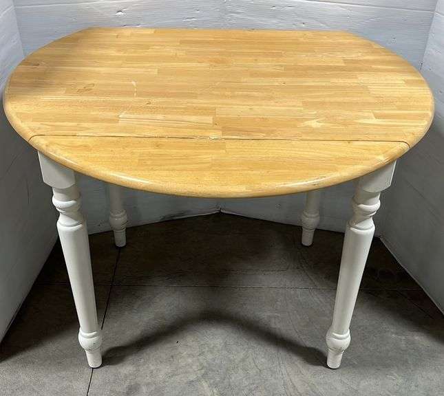 Farm style round/rectangle table with wood top, white legs, and fold ...