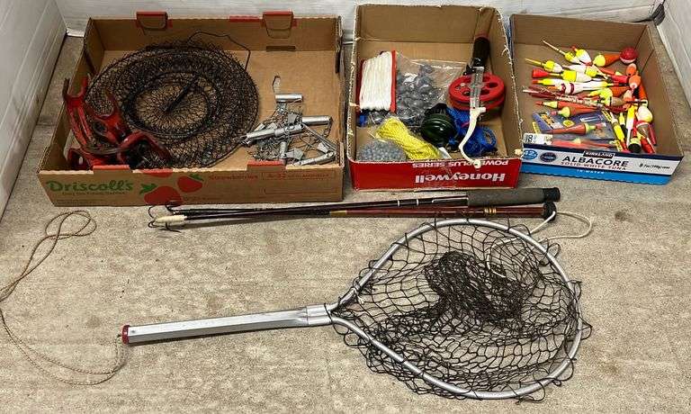 Assorted fishing sinkers, bobbers, net, collapsible wire fishing basket ...