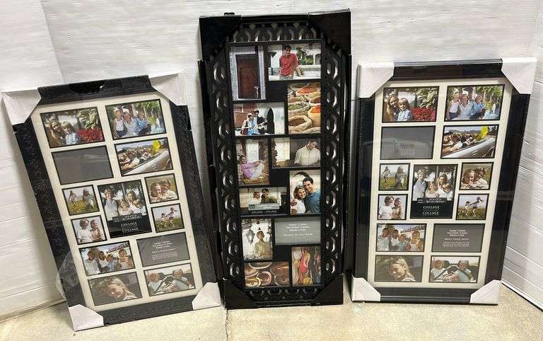 (3) Collage picture holders with black frames, include: Two- 15"W x 27 ...