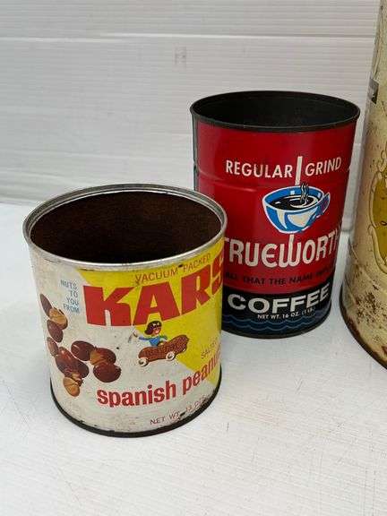 (5) Older tin cans and a bottle, include: New Era Potato Chips, Schwan ...