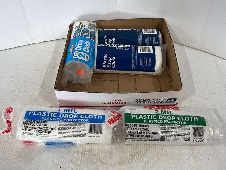 (5) Husky plastic drop cloths, 1 and 2 mil. large, 200 sq. ft ...