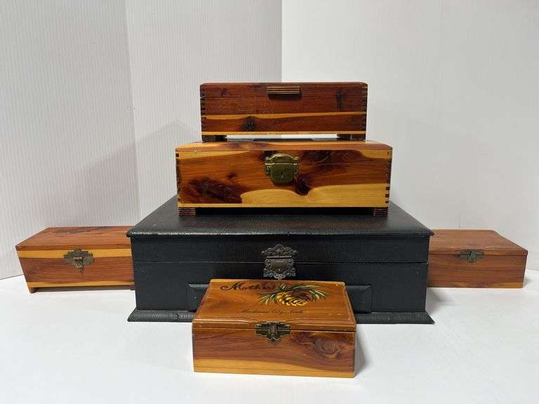 (6) Antique and cedar jewelry boxes, include: Victorian genuine ebony ...