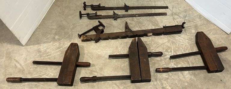 (3) Antique wood clamps, and (3) Antique metal clamps, up to 35 ...