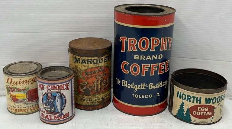 (5) Old tin coffee cans, 4"H to 9 1/2"H - Albrecht Auction Service