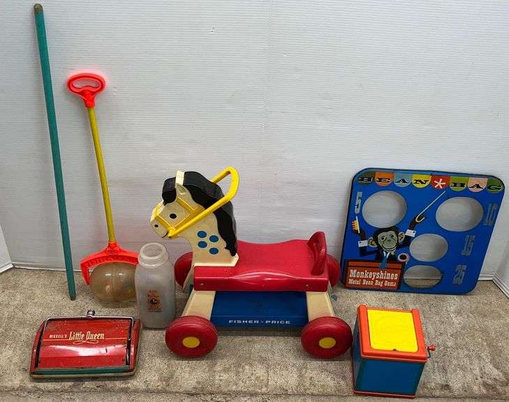 Antique toys, early 1950s metal bean bag game, some rust on back, wood ...