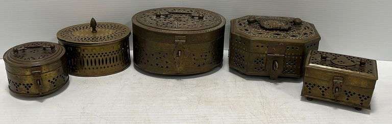(5) Antique brass cricket boxes with handles, footed, up to 7 3/4"L ...