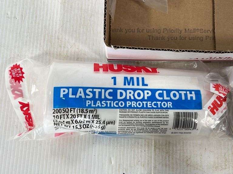 (5) Husky plastic drop cloths, 1 and 2 mil. large, 200 sq. ft ...