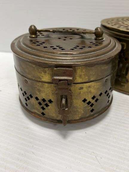 (5) Antique brass cricket boxes with handles, footed, up to 7 3/4"L ...