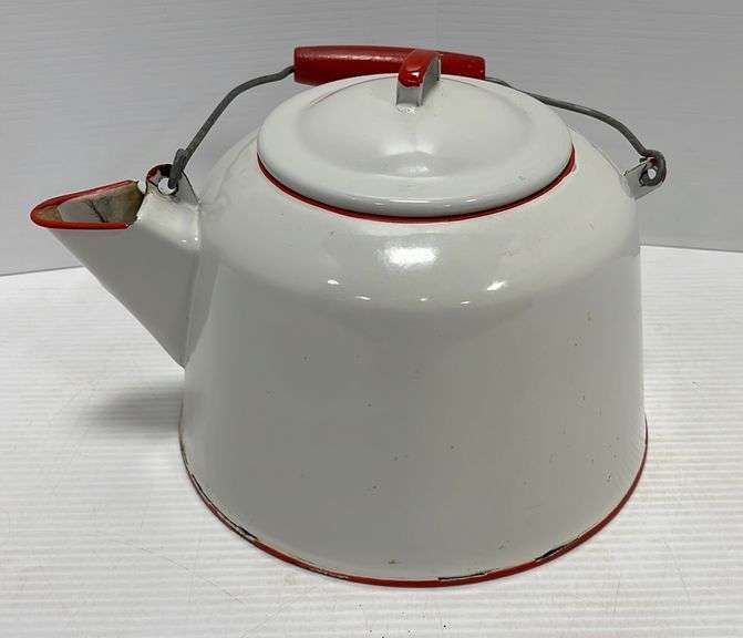 Older white tea kettle, trimmed in red, 8"H, red wood and wire handle ...