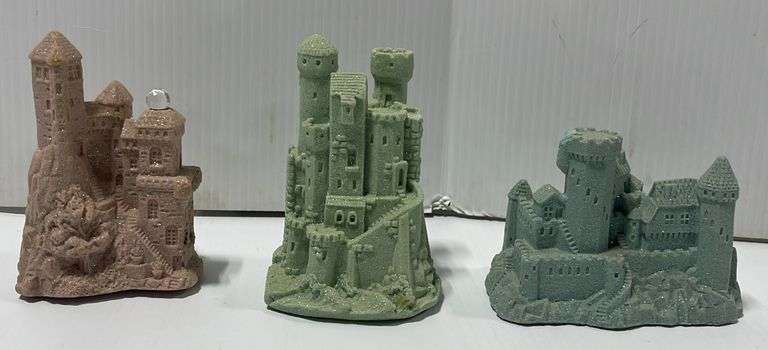 (3) Sand castle sculptures, one- blue, 3" x 4", one- pink with glass ...