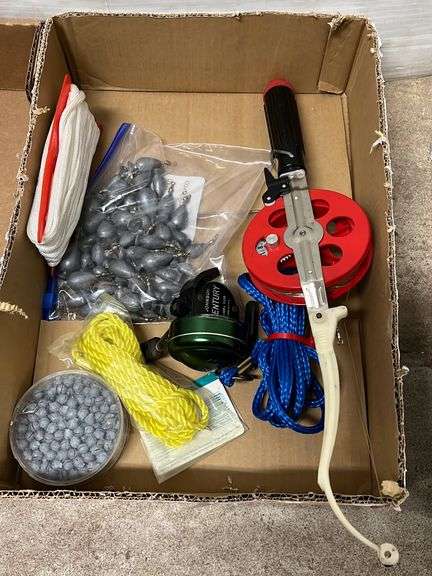 Assorted fishing sinkers, bobbers, net, collapsible wire fishing basket ...