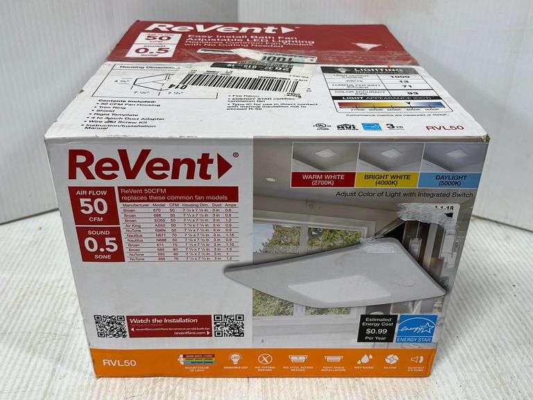 Revent bathroom exhaust fan with adjustable LED light, 5- CFM fan, no ...