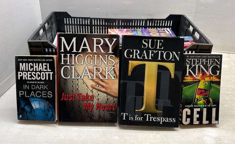 Crate of books, include: Tom Clancy, Stephen King, Sue Grafton, Stephen ...