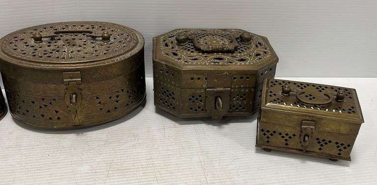 (5) Antique brass cricket boxes with handles, footed, up to 7 3/4"L ...