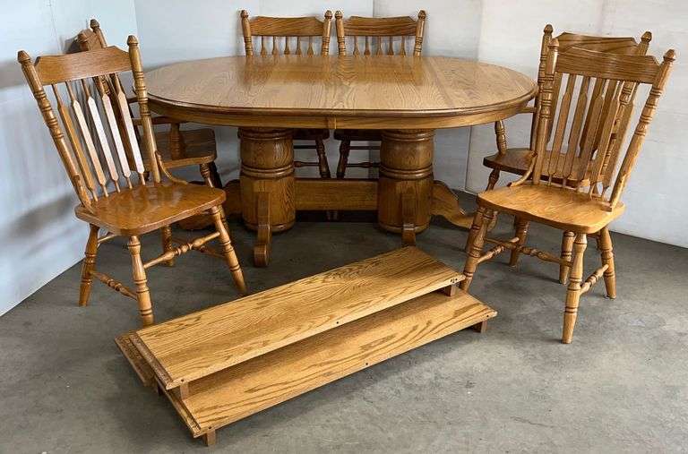 Oak dining table with (3) leaves and (6) chairs, each leaf- 12"W, table ...