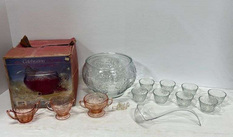 Older punch bowl with (8) cups, ladle, and clips for hanging cups, up ...