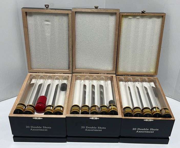 (3) Wood cigar boxes with 20 glass tubes in each, box- up to 8 1/4"W x ...