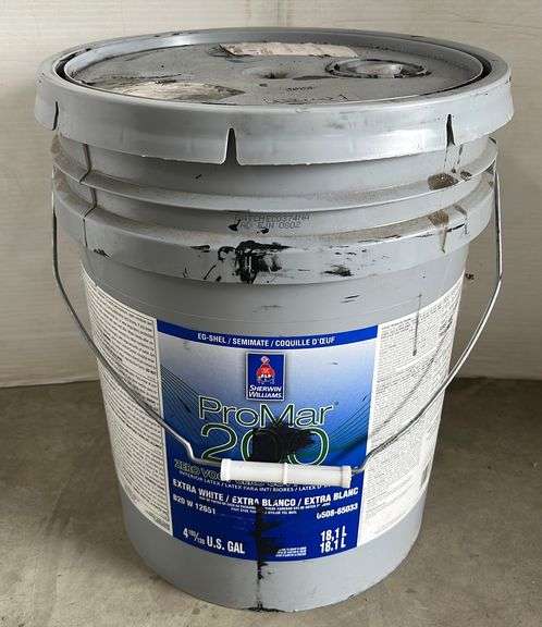 5-Gallon bucket of Sherwin-Williams interior paint, gray color on lid ...