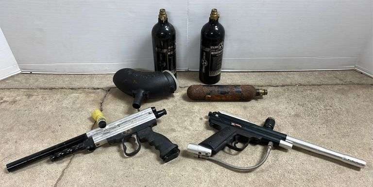 (2) Paintball guns, and (3) tanks, includes: 1- Rebel, and 1- Piranha ...