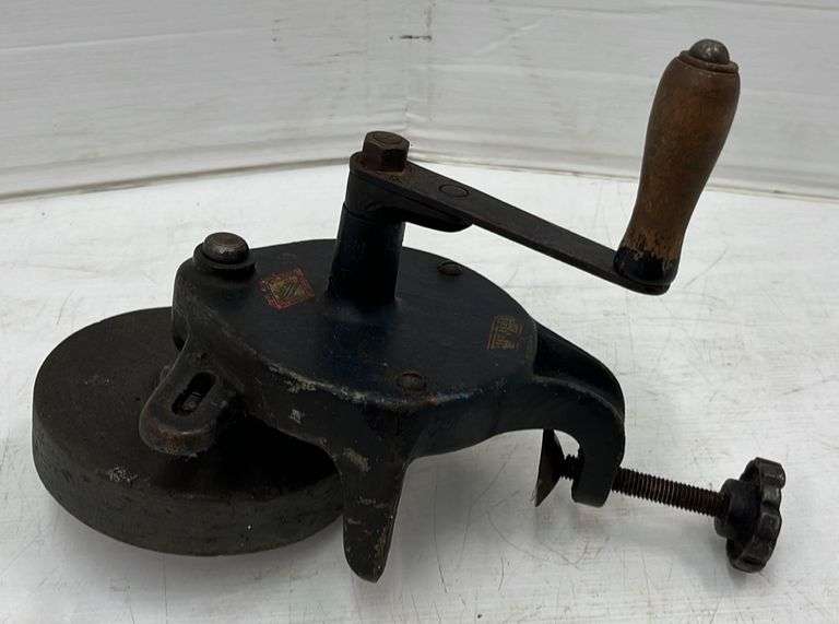 Antique Luther hand crank bench grinder, PAT. 1926 with wood handle and ...
