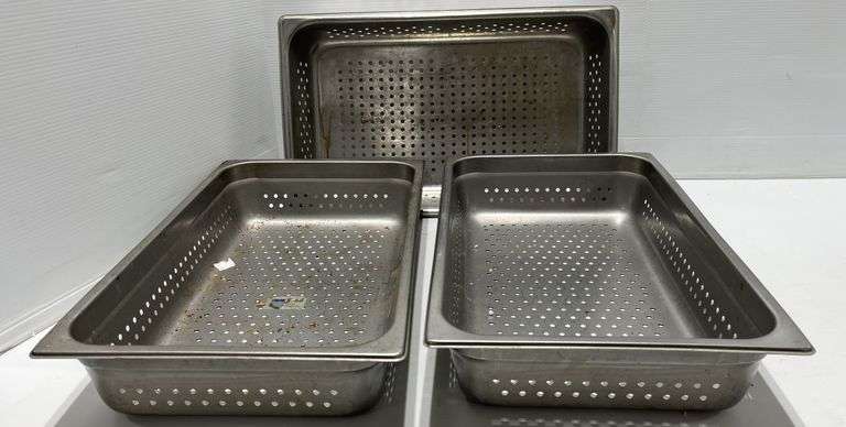 (3) Stainless steel perforated full size steam pans, 21" x 12 3/4 ...