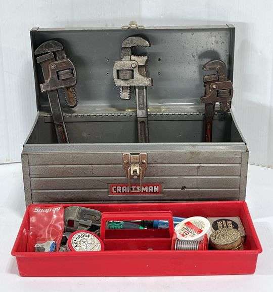 Plumbers toolbox, includes: (2) Pipe wrenches, 14"L; Pipe wrench, 10"L ...