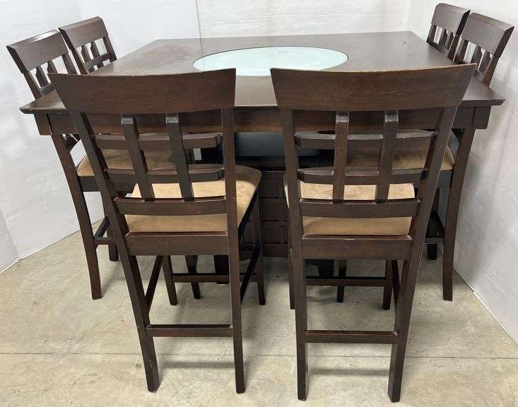 Large pub table with spinning center and (6) chairs, 51"W x 51"D x 36"H ...