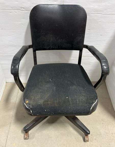 Rolling chair, 19"W, arm rests taped, seat cushion has hole, heavy wear ...