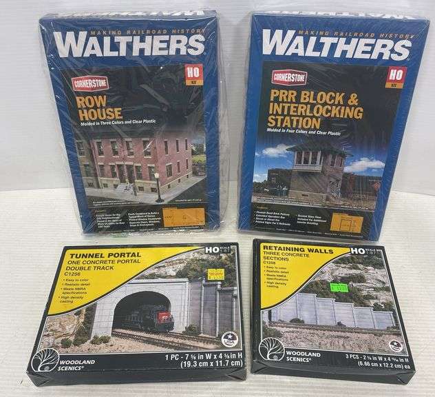 (4) Model train kits, includes: Tunnel portal, retaining walls, walters ...