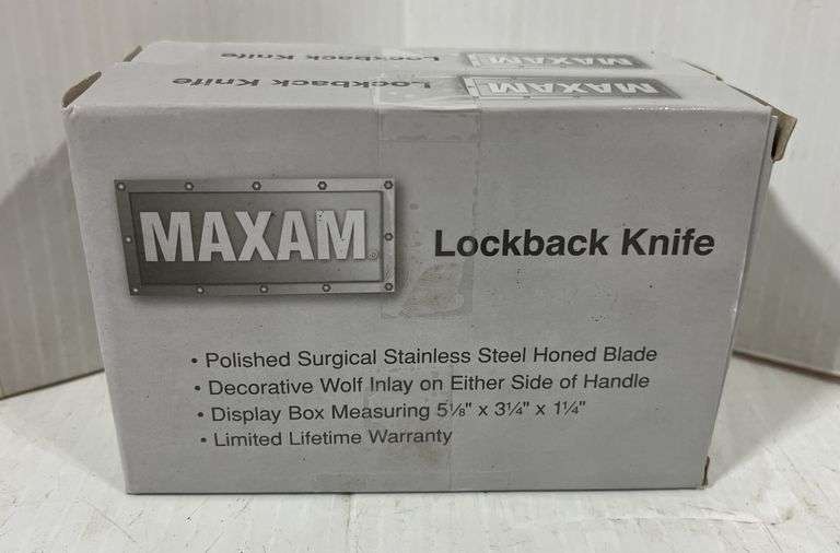 (2) Maxam lockback knives, display wolves on handles, NIB - Albrecht ...