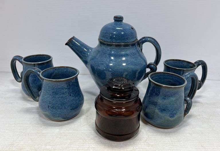 Custom pottery tea set with (4) cups, and candy dish, up to 7"W ...