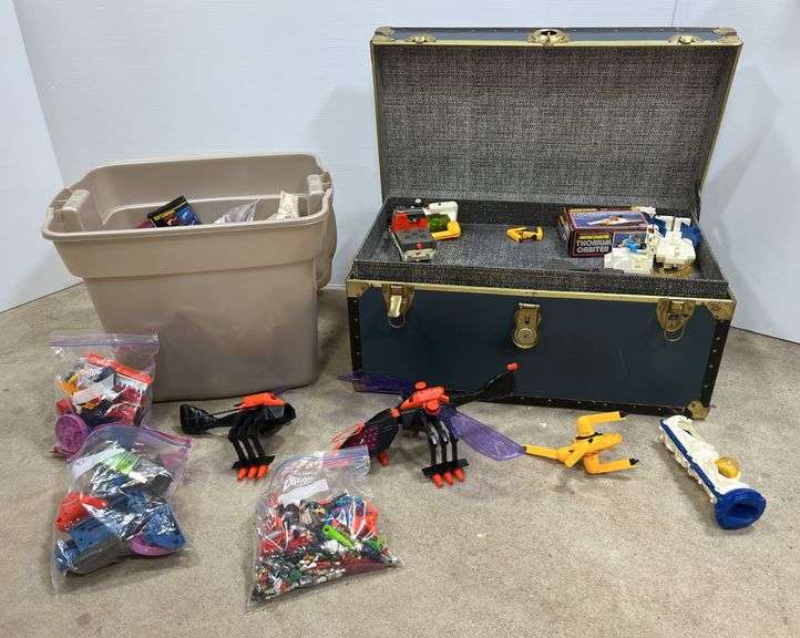 Micronauts collection of large blue trunk and Rubbermaid tub full of ...